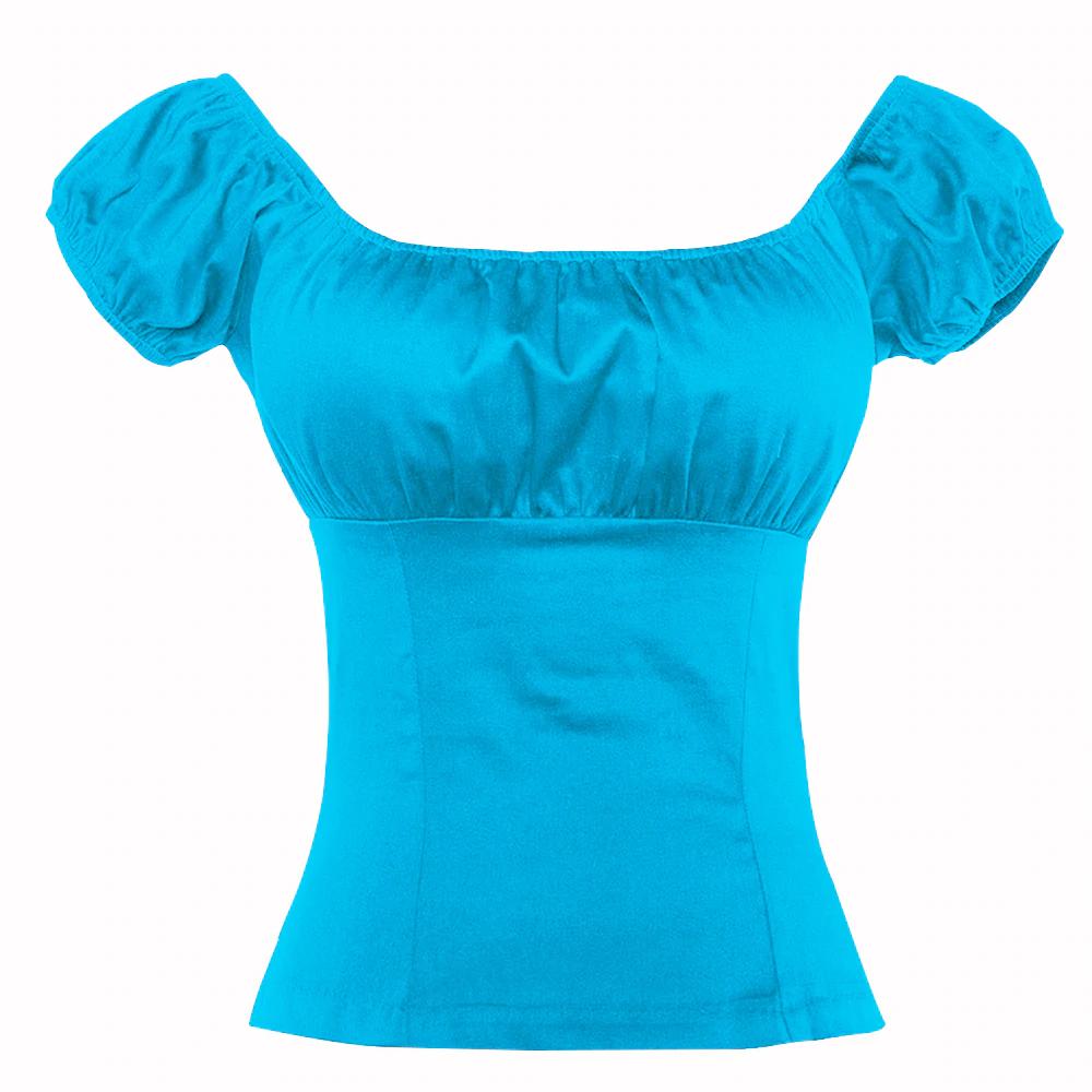Pinup Peasant Top in Solid Turquoise Blue – Glitz Glam and Rebellion
